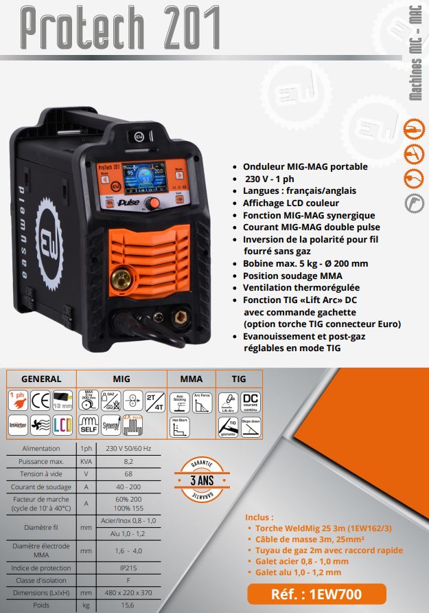 Poste à souder Easyweld Protech 201 - 1EW700 – Soudestock